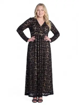 24SEVEN COMFORT APPAREL 24seven Comfort Elevate Curvy Elegant V Neck Long Sleeve Floral Lace Dress - Black