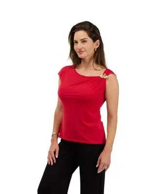 24SEVEN COMFORT APPAREL Elevate Cap Sleeve Asymmetrical Boat Neck Shoulder Brooch Top - Red