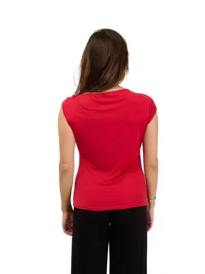 24SEVEN COMFORT APPAREL Elevate Cap Sleeve Asymmetrical Boat Neck Shoulder Brooch Top - Red