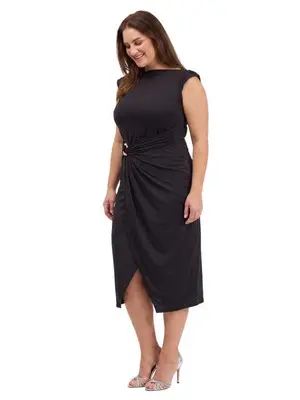 24SEVEN COMFORT APPAREL 24seven Comfort Elevate Curvy Cap Sleeve Twist Midi Dress - Black