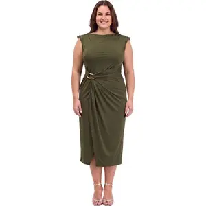 24SEVEN COMFORT APPAREL 24seven Comfort Elevate Curvy Cap Sleeve Twist Midi Dress - Olive
