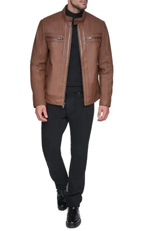 Andrew Marc Nubuck Leather Racer Jacket - Cognac