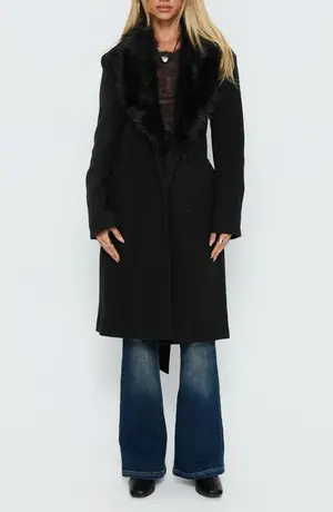 Princess Polly Hallyn Faux Fur Collar Belted Coat