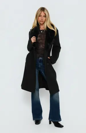 Princess Polly Hallyn Faux Fur Collar Belted Coat