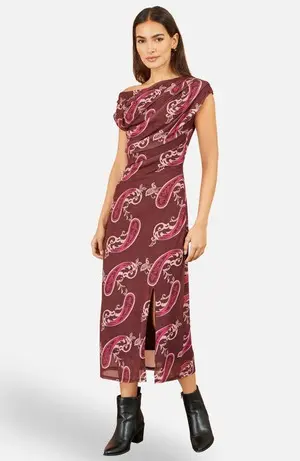 YUMI Draped Cowl Ruched Midi Dress