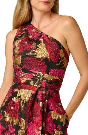 Adrianna Papell One-shoulder Floral Jacquard Gown