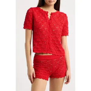 HELLO MOLLY Sunkissed Socialite Short Sleeve Crochet Top - Red