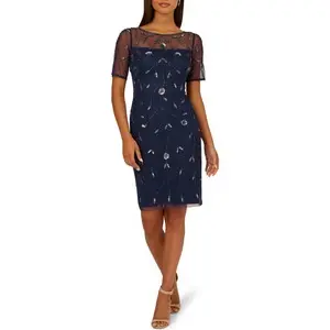 Adrianna Papell Beaded Mesh Sheath Dress Light Navy