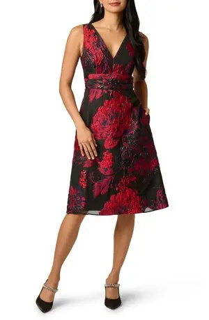 Adrianna Papell Floral Metallic Jacquard Midi Cocktail Dress - Black/red Multi
