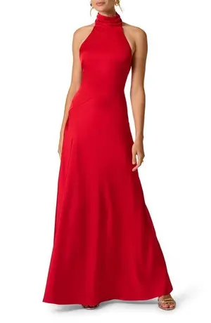 Adrianna Papell Stretch Satin Mock Neck Gown Red