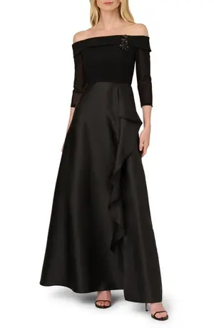 Adrianna Papell Off The Shoulder Mikado Ball Gown - Black
