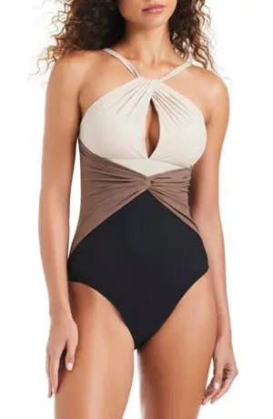 BEYOND CONTROL Colorblock High Neck One-piece Swimsuit - Tripoli Multi
