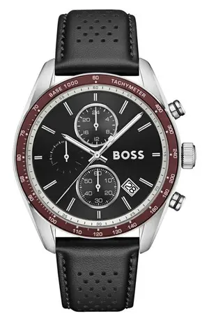 Hugo Grand Prix Chronograph Leather Strap Watch - Black
