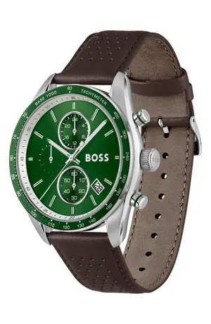 Hugo Grand Prix Chronograph Leather Strap Watch - Green