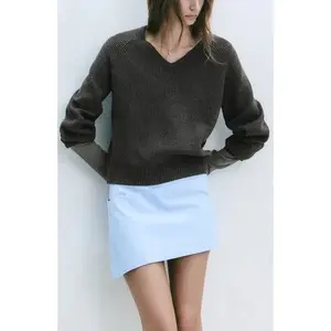 Mango V-neck Rib Sweater - Medium Heather Grey