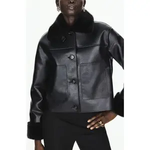 Mango Lumen Faux Fur Trim Faux Leather Jacket - Black