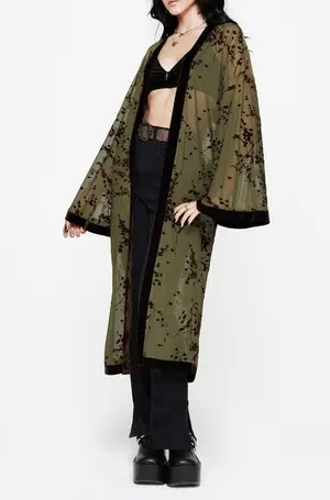 DISTURBIA Jael Flocked Longline Mesh Robe - Green