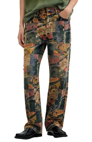 Desigual Mickey Mouse Graphic Distressed Straight Leg Jeans - Dark Grey