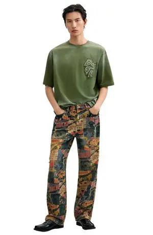 Desigual Mickey Mouse Graphic Distressed Straight Leg Jeans