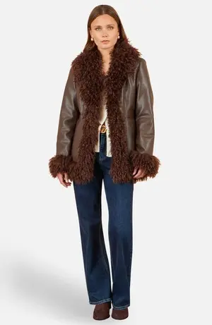 YUMI Textured Collard Trim Faux Leather Coat