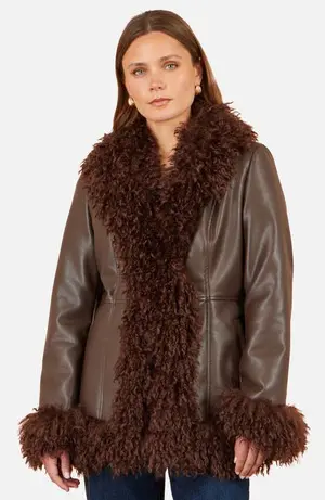 YUMI Textured Collard Trim Faux Leather Coat