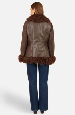 YUMI Textured Collard Trim Faux Leather Coat