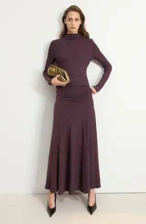Mango Pina Long Sleeve Mock Neck Ruched Midi Dress