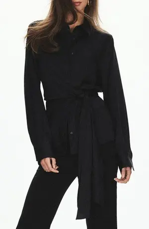 Mango Straight Fit Tie Waist Shirt Black