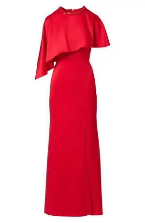 Adrianna Papell Asymmetric Cape Satin Gown Red