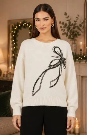 YUMI Sequin Bow Relaxed Jumper