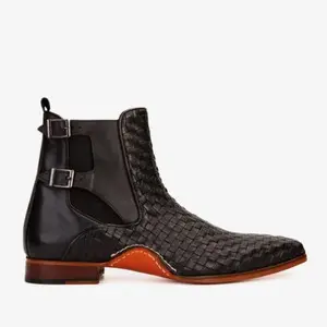 VINCI LEATHER SHOES The Rolls Boot Woven Leather Double Monk Strap Handmade Shoe - Black