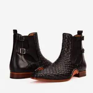 VINCI LEATHER SHOES The Rolls Boot Woven Leather Double Monk Strap Handmade Shoe