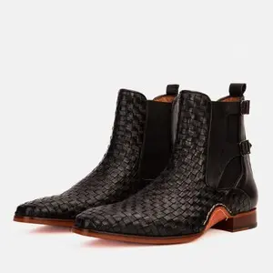 VINCI LEATHER SHOES The Rolls Boot Woven Leather Double Monk Strap Handmade Shoe