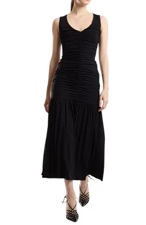Cynthia Rowley V-neck Ruched Midi Dress - Black