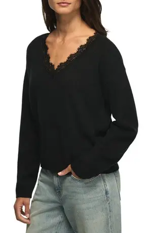 Lucky Brand Lace Trim V-neck Sweater - Caviar
