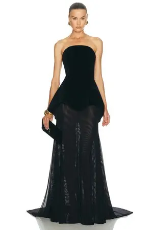 David Koma Strapless Curved Hem Gown With Mesh Skirt