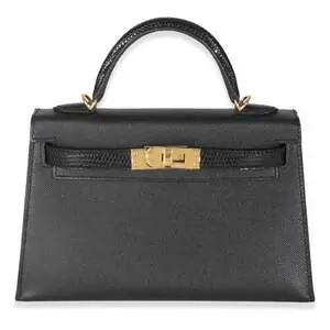 HERMÈS Black Madame Lizard Touch Sellier Mini Kelly 20 II GHW