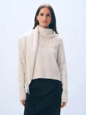 WHITE & WARREN Cashmere Blend Detachable Scarf Sweater In Size - Ivory