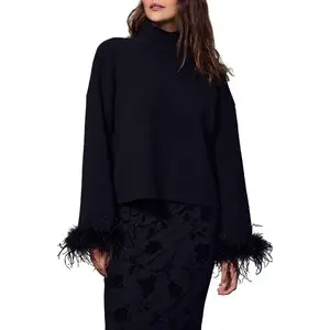 Sanctuary Feather Trim Mock Neck Sweater - Black