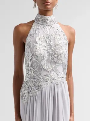 Pamella Roland Sequined Floral Halter Gown