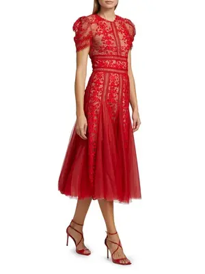 BRONX BANCO Megan Lace Short-sleeve Midi-dress