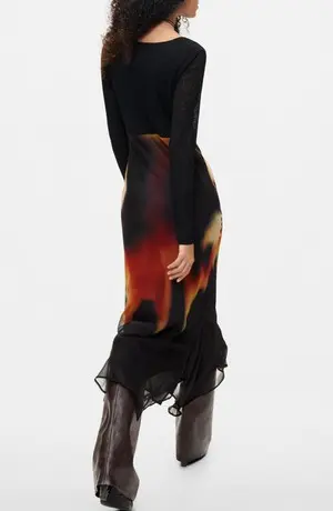 Desigual Long Sleeve Mixed Media Midi Dress - Black
