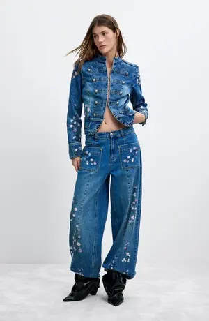 Desigual Floral Embroidered Denim Military Jacket
