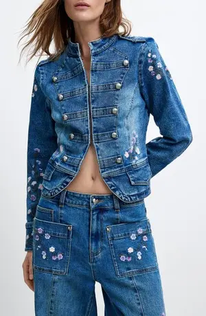 Desigual Floral Embroidered Denim Military Jacket - Medium Blue