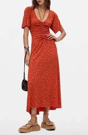 Desigual Ruched Flutter Sleeve Midi Dress - Orange