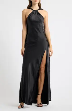 HELLO MOLLY Golden Empress Satin Maxi Dress - Black