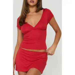 Princess Polly Mossie Crossover Pointelle Top - Red