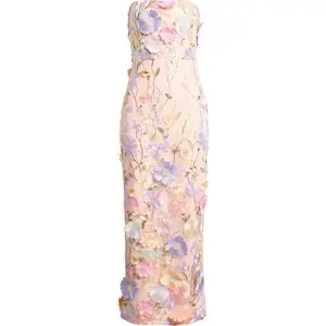 HELLO MOLLY Floral Journey Strapless Embroidered Midi Dress - Pink