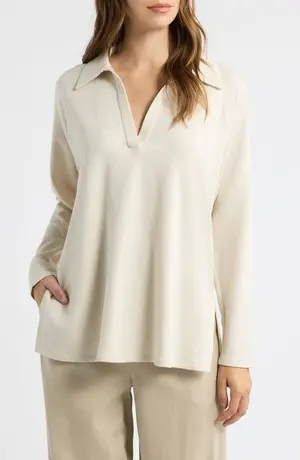 Eileen Fisher Raglan Sleeve Henley Tunic - Plaster