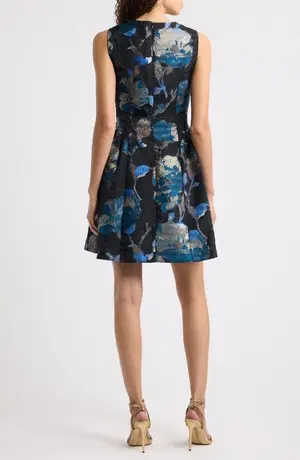Vince Camuto Metallic Jacquard Fit & Flare Dress - Blue Multi